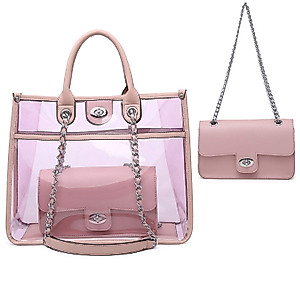 Large Clear Tote Bag Top handle Bag for Women Handbag Messenger Crossbody Purse With Turn Lock Closure (2 Sets) (Pink)
