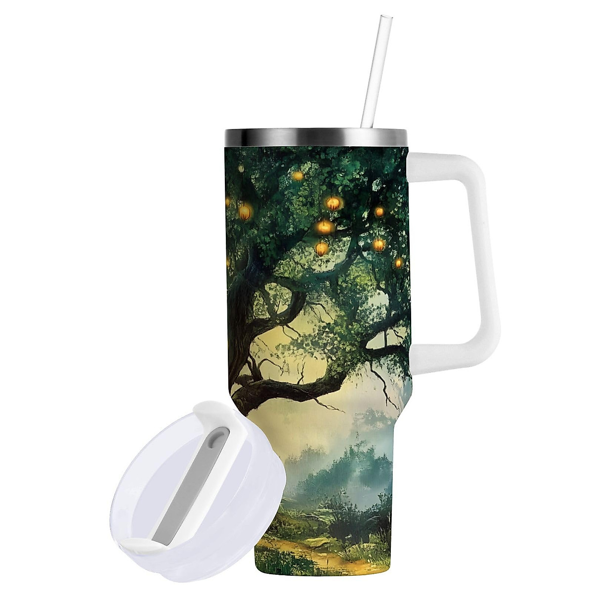 Jihqo Fairy Tales Glowing Tree 40 oz Stainless Steel Vacuum Insulated Tumbler with Handle and Straw Lid, Leakproof Water Bottle Double Wall Travel Mug Coffee Cup, Cupholder Friendly