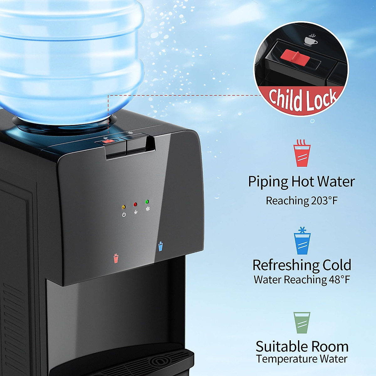 Urbansync Top Loading Cold & Hot Water Dispenser,3 Temperature Settings, Water Cooler for 3 or 5 Gallon Bottles, Removable Drip Tray & Child Safety Lock, Home, Office, Living Room.