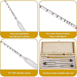 CUCUFA Alcohol Hydrometer, 3Pcs 0-100 Proof Alcohol Tester, Alcohol Meter with Thermometer & Wooden Box, Beer Making Testing Kit, Home Brew Equipment