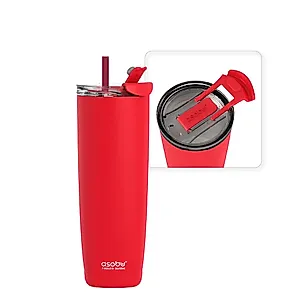 asobu Aqualina Stainless Steel Insulated Water Bottle with Interchangeable Hot and Cold Lid and Built in Straw (Red)