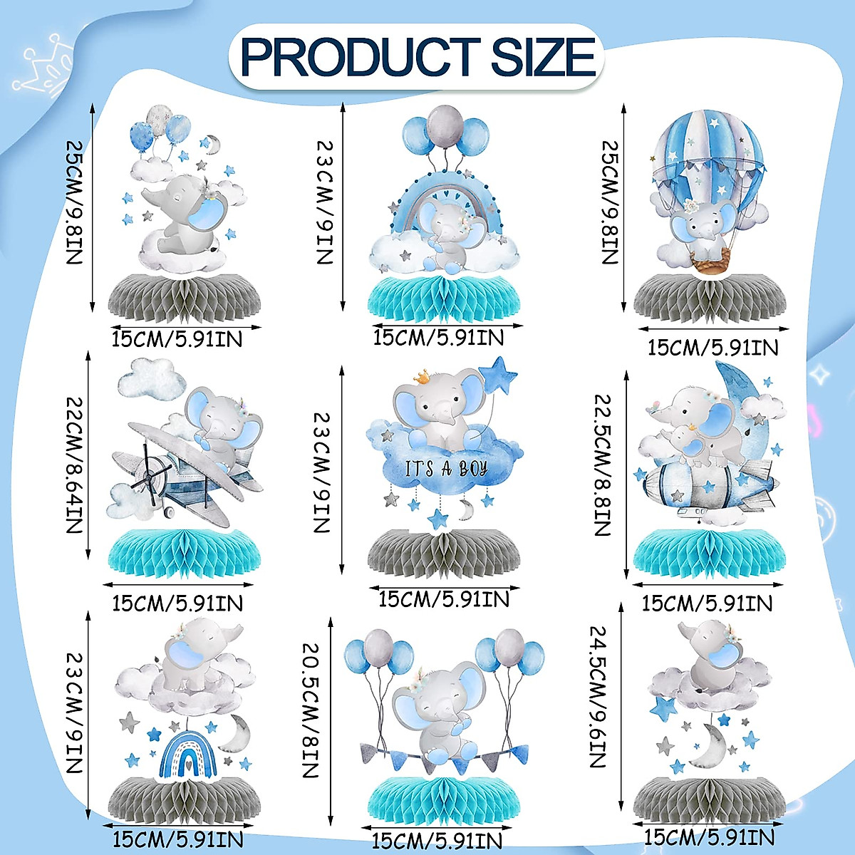 9 Pcs Elephant Baby Shower Honeycomb Centerpieces Party Decor for Boys,Cute Blue Elephant Honeycomb Balloons Star Moon Topper 3D Table Decoration for Kids Party Baby Shower Party Photo Props Supplies
