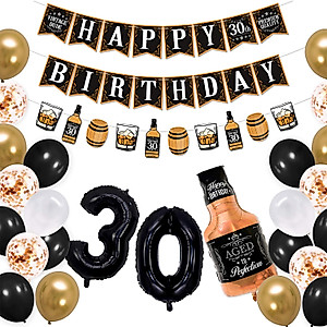 Sinasasspel Whiskey 30th Birthday Decorations Gold & Black Aged to Perfection Birthday Party Banner Whiskey Garland, 27 Balloons for 30 Years Old Party Supplies