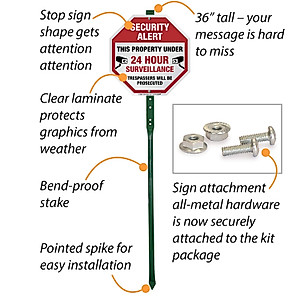 SmartSign 10" x 10" 'Security Alert Property Under 24 Hour Surveillance, Trespassers Prosecuted' Yard Sign with 3 ft Stake, 40 mil Laminated Aluminum, Red/Black/White, Set of 1, USA-Made