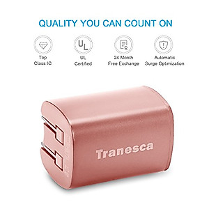 Tranesca 2.4 Amp Dual USB Port Travel Wall Charger Cube with Foldable Plug for iPhone X/8/7/6S/6S Plus/6 Plus/6, Samsung Galaxy S9/S8/S7/S6/S5 Edge, LG, HTC, Moto, Kindle and More-Rose Gold