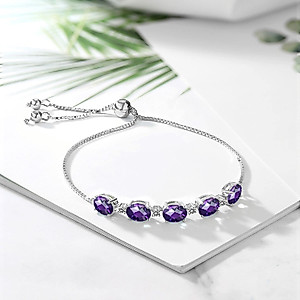 Gem Stone King 925 Sterling Silver Oval Checkerboard Purple Amethyst and White Diamond Tennis Bracelet For Women (6.26 Cttw, Gemstone Birthstone, Fully Adjustable Up to 9 Inch)