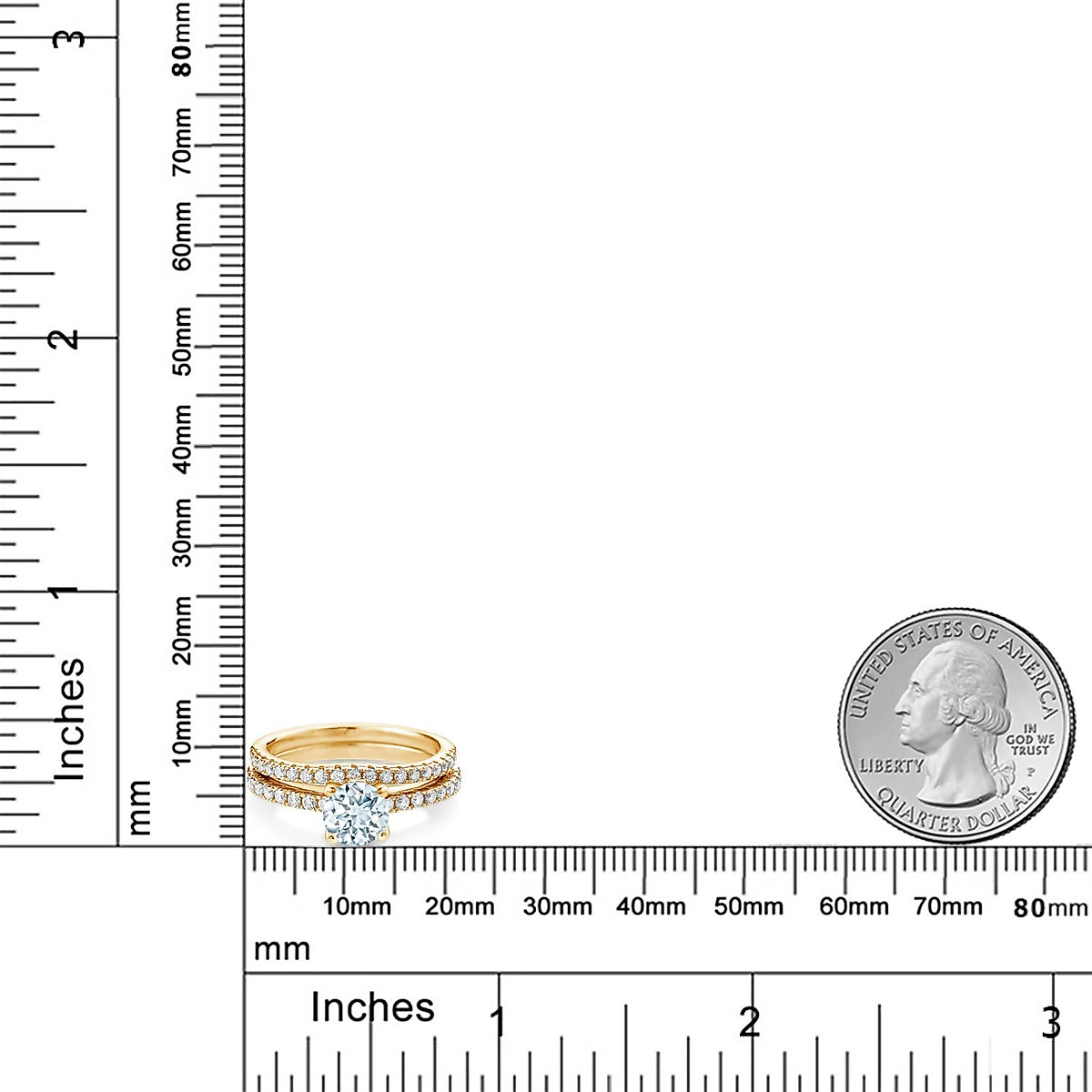 18K Yellow Gold Plated Silver Sky Blue Aquamarine and White Moissanite Wedding Engagement Band Bridal Set Ring For Women (1.24 Cttw, Gemstone March Birthstone, Available In Size 5, 6, 7, 8, 9)