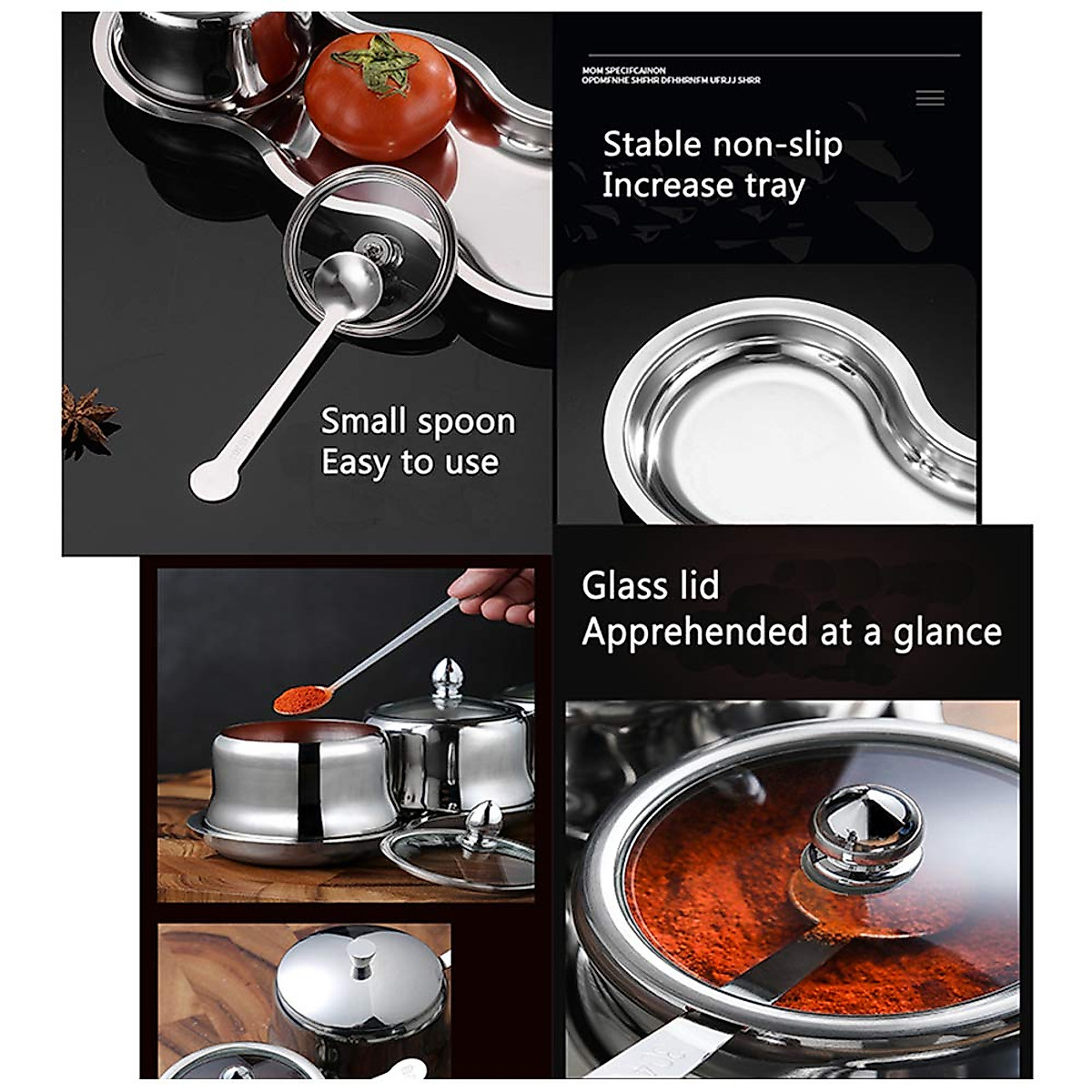 TENTA TENTA KITCHEN Gourmet Seasoning Box with Serving Spoons, Spice Jar Set Condiment Cruet Bottle, Kitchen Supplies,Nice Design for Kitchen (Stainless Steel With Glass Lids)