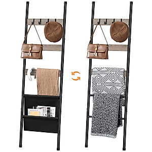 HOOBRO Blanket Ladder, 5 Tier Towel Rack, 17.3" L x 63" H, Wall-Leaning Blanket Rack for Living Room, Decorative Ladder with 4 Hooks and Magazine Pocket, Greige BG32CJ01