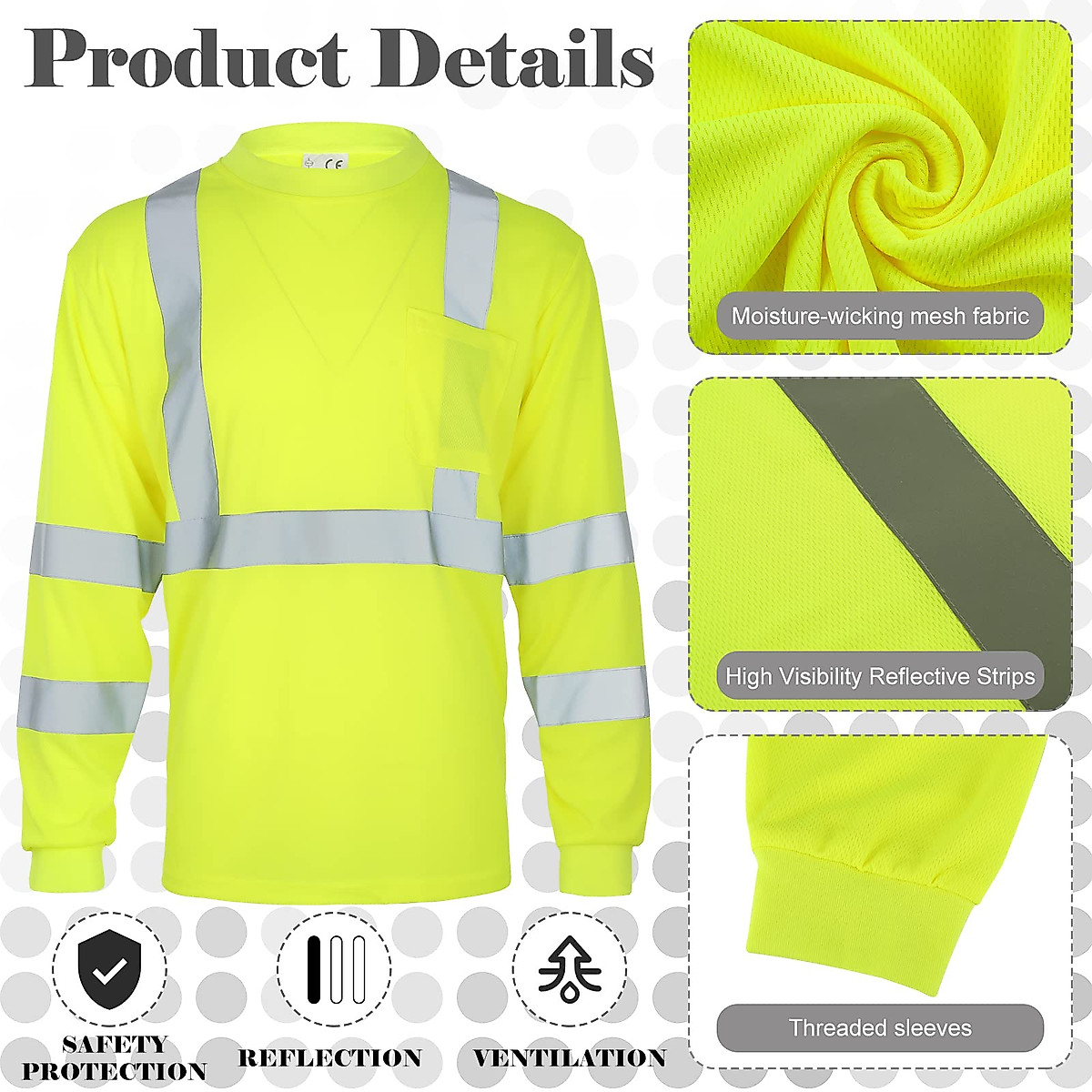 Amylove 4 Pcs Long Sleeve Reflective Safety T Shirt High Visibility Safety Shirts with Reflective Strips Men Women (Yellow,L)