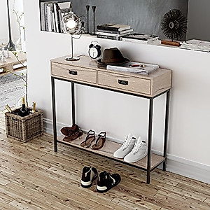 roomfitters Oak Wood Console Table with 2 Drawers, Hallway Foyer Table with Storage Shelves, Narrow Long Sofa Table, Side Table for Living Room, Hallway, Black Metal Frame, Rustic Brown