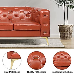 LEVNARY Modern Chesterfield Sofa Leather, Tufted Upholstered 3 Seater PU Couch, 84 Inches Settee Sofa with High Arm and Golden Metal Legs, Couches for Living Room Bedroom Office (Orange)