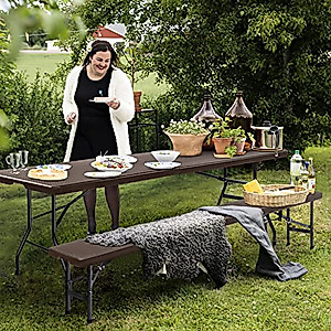 Todeco 2Pcs Folding Benches, 6 Ft Portable Foldable Bench Seat for Soccer Camping Picnic Party with Carrying Handle, Suit for Indoor & Outdoor, Brown Imitated Rattan