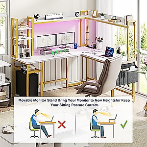 Aheaplus L Shaped Desk with Power Outlet, L Shaped Gaming Desk with Led Light & Hutch, Reversible Home Office Desk, Corner Computer Desk Writing Desk with Monitor Stand & Storage Shelf, White+Gold