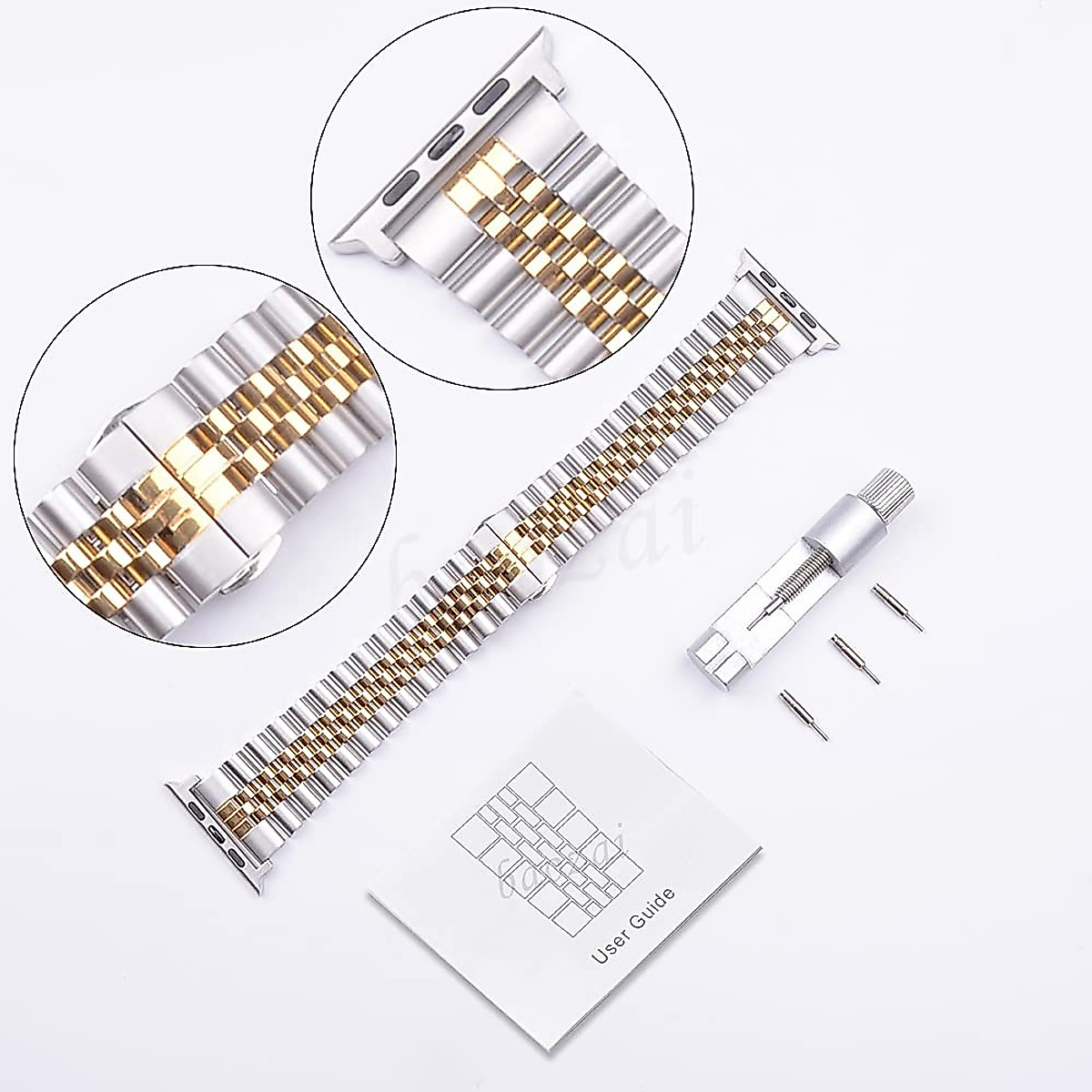 baozai Compatible with Apple Watch 49mm 45mm 44mm 42mm, Solid Stainless Steel iWatch Band Replacement for Apple Watch Ultra2/Ultra & Series 9/8/7/6/5/4/3/2/1/SE for Men, Silver/Gold, 49mm/45mm/44mm