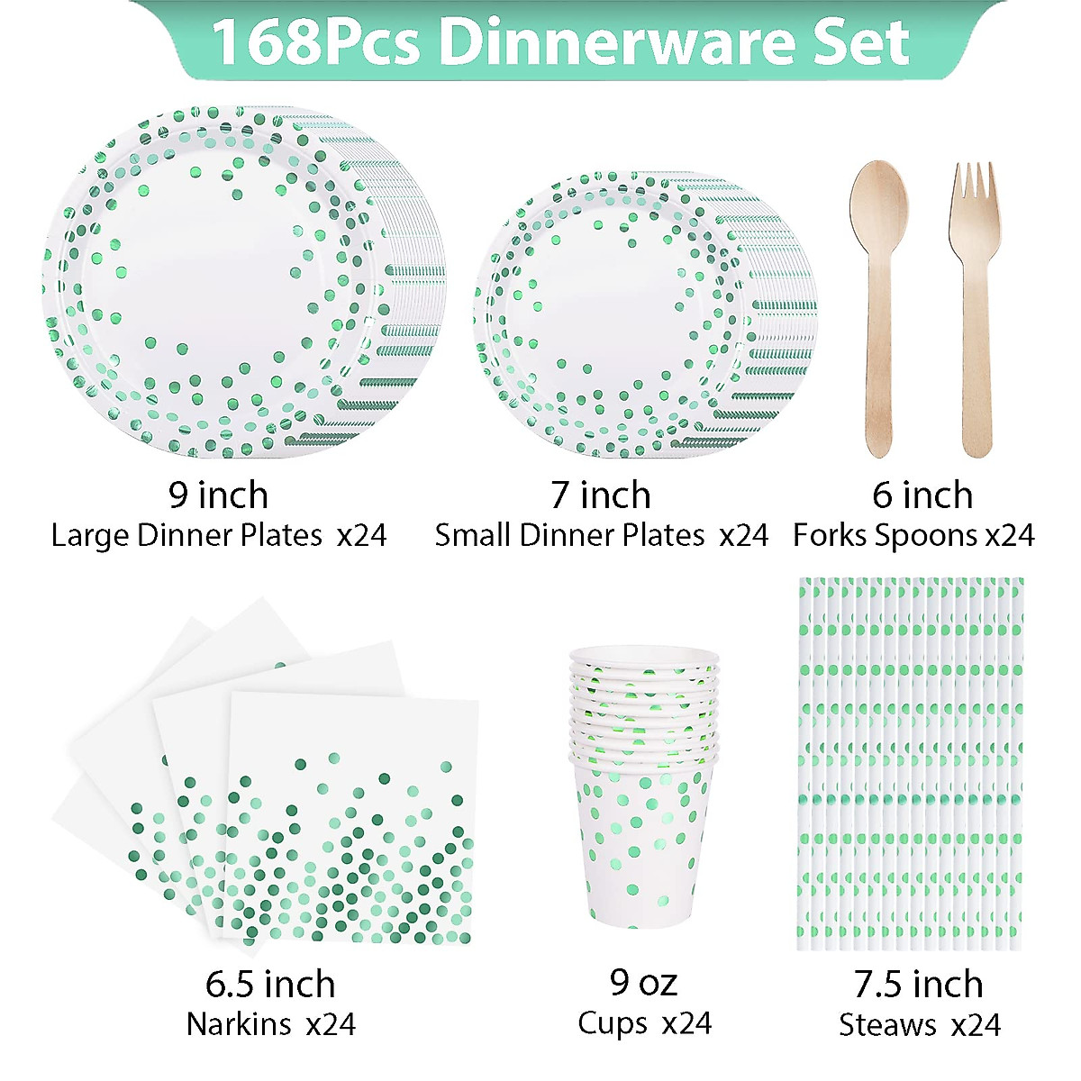 168PCS Green and Gold Party Supplies, Severs 24 Disposable Party Dinnerware Include Paper Party Plates, Cups, Napkins, Straw, Wooden Fork Spoon for Wedding, Birthday Party, Birthday Baby Shower