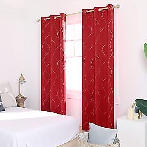 Deconovo Gold Wave Print Blackout Curtains for Bedroom, Thermal Insulated Curtains for Living Room, Room Darkening Drapes (Red/Wave, 42x63 Inch, 2 Panels)