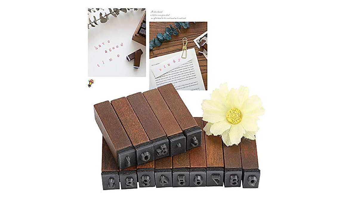 Letter Rubber Stamps Set with Vintage Wooden Box for Crafts & Learning