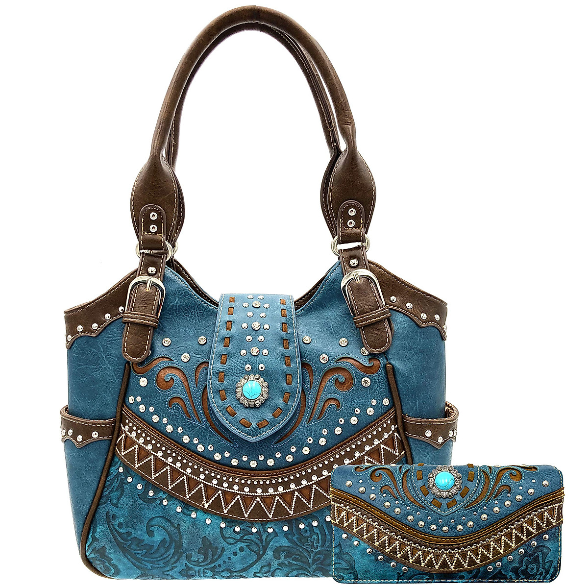 Rustic Western Floral Tooled Laser Cut Turquoise Concho Studded Tote Purse Bag Wallet Set (Teal)
