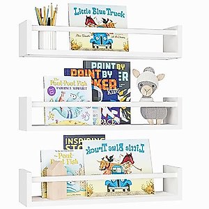 Fixwal Nursery Bookshelves, 16.5 Inch Floating Bookshelves for Wall Set of 3, Baby Kids Decor, Solid Wood Wall Mounted Shelves for Books, Toys and Decor Storage (White)