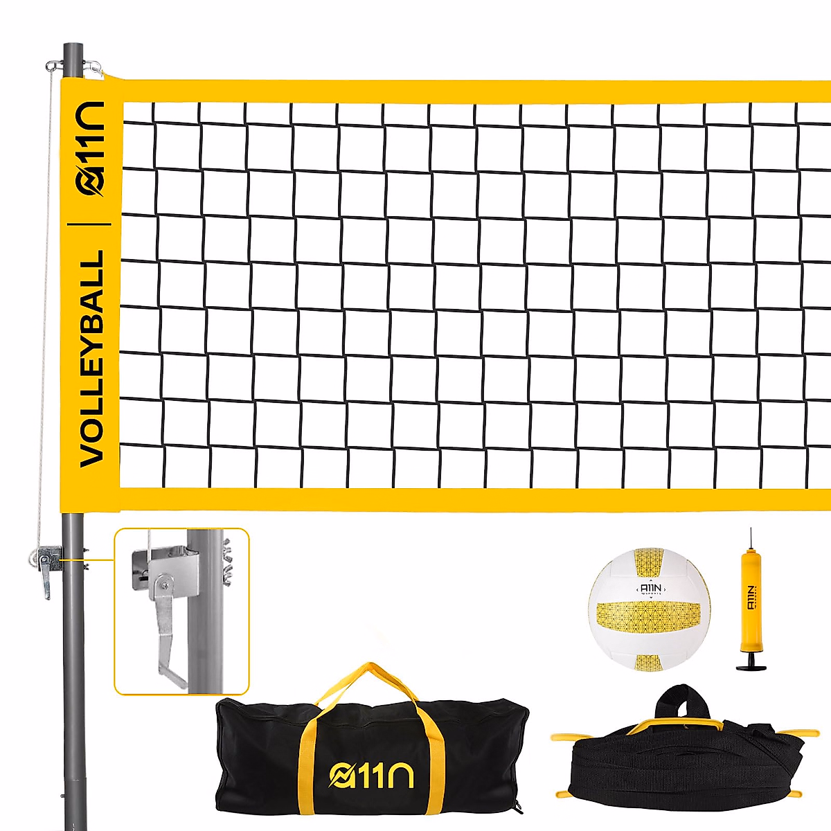 A11N Heavy-Duty 32ft Outdoor Volleyball Net with Anti-Sag System - Portable Set Includes Volleyball, Net, Air Pump, Boundary Markers and Bag - Perfect for Backyard, Beach, and Park
