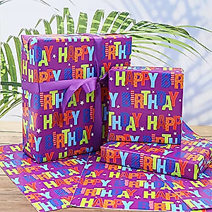 Happy Birthday Wrapping Paper For Kids Girls Boys Women Men, Purple Birthday Gift Wrapping Paper, Wrapping Paper Birthday 6 Sheets Folded Flat 20x28 Inches per Sheet
