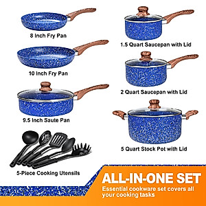 MICHELANGELO Pots and Pans Set 15 Piece with with Non- toxic Stone-Derived Interior, Nonstick Kitchen Cookware Set with Utensils