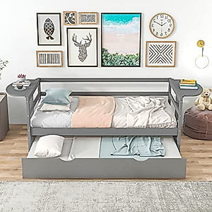 SOFTSEA Twin Daybed with Foldable Shelves, Wood Day Bed Frame with Trundle (Gray)
