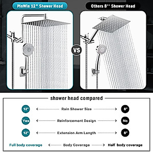 PinWin Shower Head, Upgraded Dual Rain Shower Head with Adjustable Extension Arm, 6-Setting Handheld Combo, Powerful High-Pressure Spray Against Low Pressure Water (12-Inch Showerhead Set, Chrome)