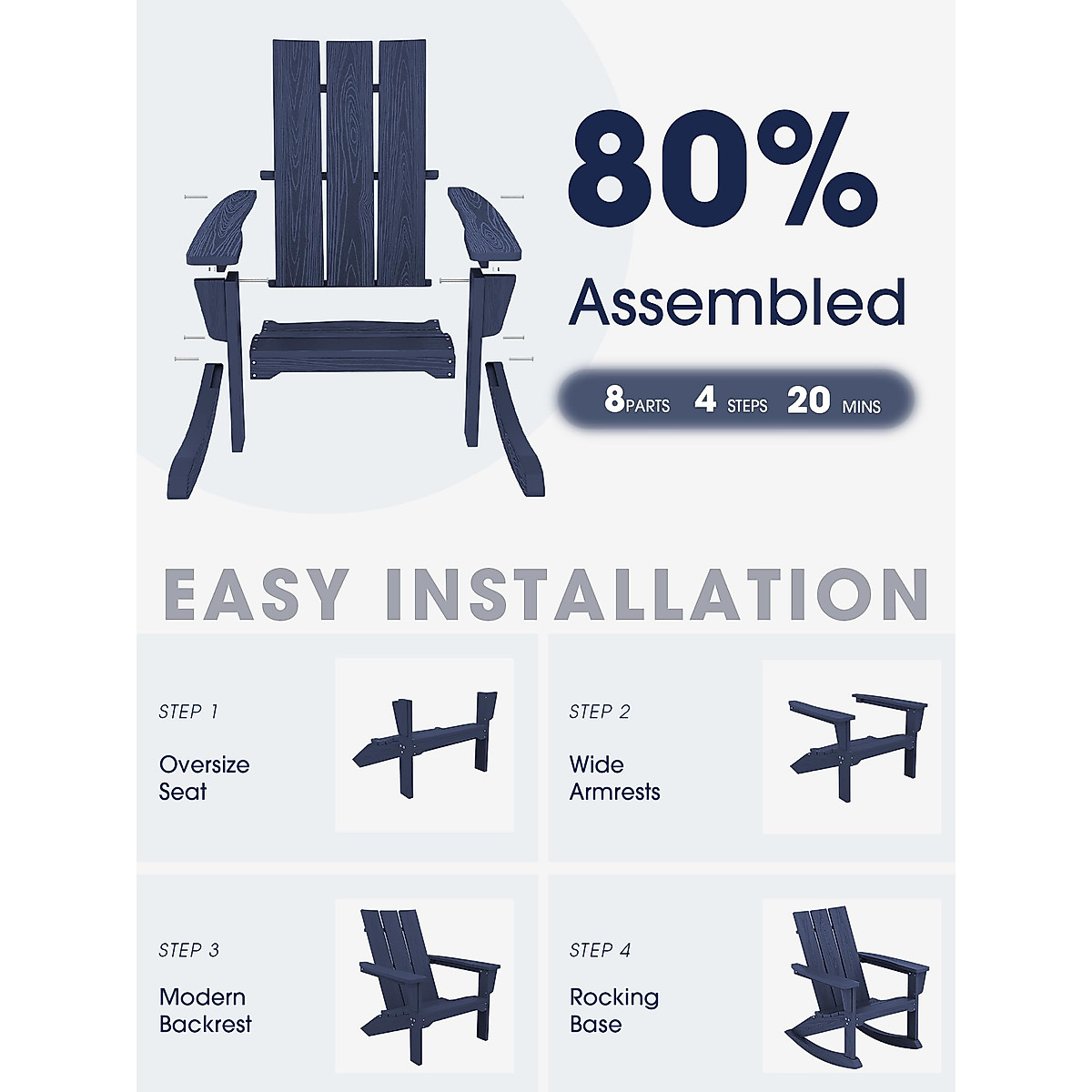 KINGYES Modern Rocking Adirondack Chair, Outdoor Rocking Chair for Patio, Garden, Backyard- Blue