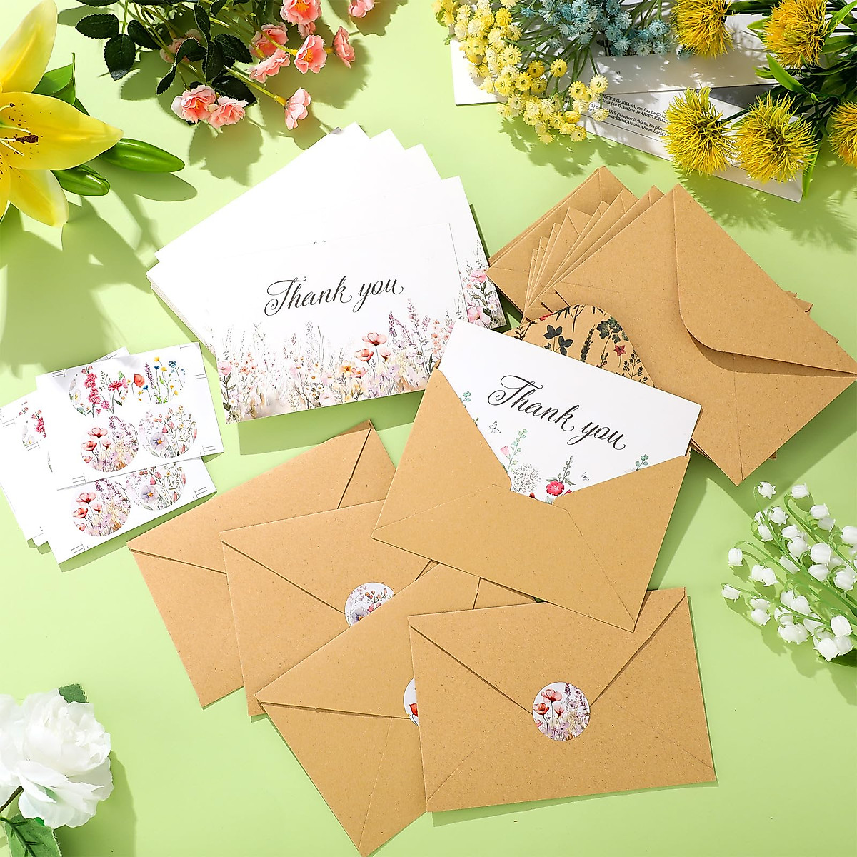 Noveread 300 Pieces Wildflower Thank You Cards with Floral Envelopes 4 x 6 Inch, Thank You Notes with Envelopes Set with Floral Thank You Cards and Stickers for Birthday Wedding Bridal Shower