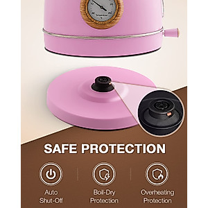 Electric Tea Kettle, 1.7Liter Stainless Steel Tea Kettle Hot Water Boiler with Thermometer, BPA Free, SMOLON 1500W Pour-Over Kettle Teapot with LED Indicator Auto Shut-Off & Boil-Dry Protection, Pink