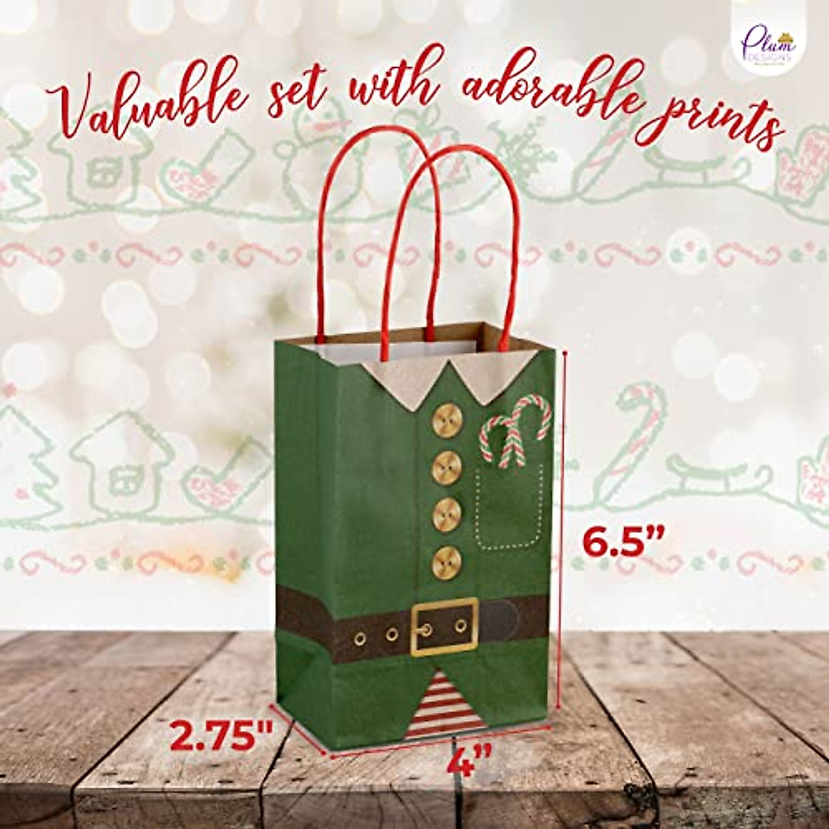Plum Designs Small Christmas Gift Bags Bulk-24pcs Small Christmas Goodie Bags For kids,6 Styles Cute Christmas Paper Gift Bags Set- Party Favors Holiday Gift Bags Small Xmas Gift Bags 4”x6.5”x2.75
