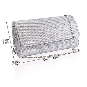 Larcenciel Clutch Purses for Women, Shiny Sequin Envelope Clutch Evening Bag w/Chain, Fashion Shoulder Crossbody Handbags, Elegant Party Prom Purse Bride Wedding Guest Clutch Dress Carry on Bag-Silver