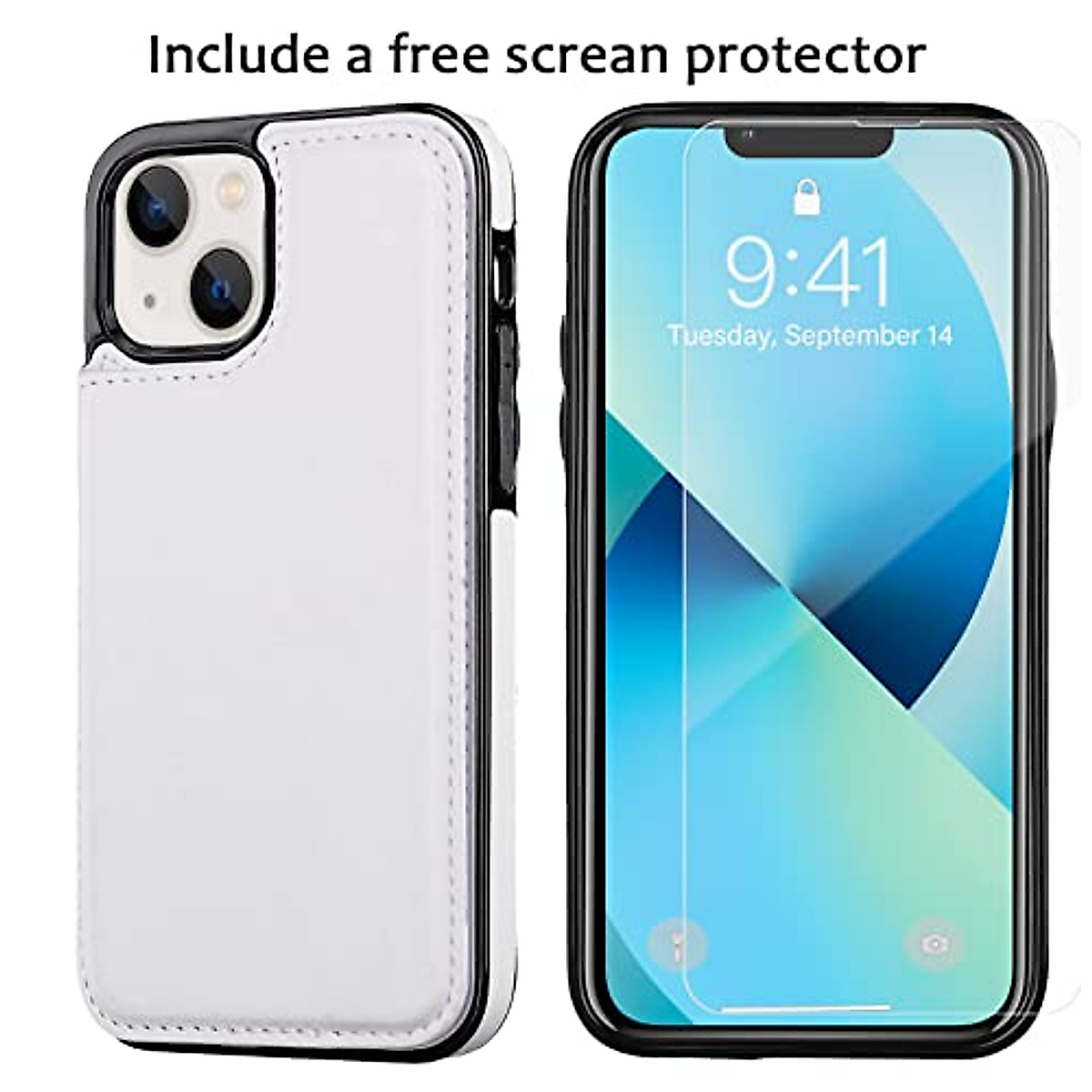 JOYAKI Wallet Case Compatible with iPhone 13,Slim Protective case with Card Holder,PU Leather Kickstand Card Slots Case with a Free Screen Protective Glass for iPhone 13(6.1")-White