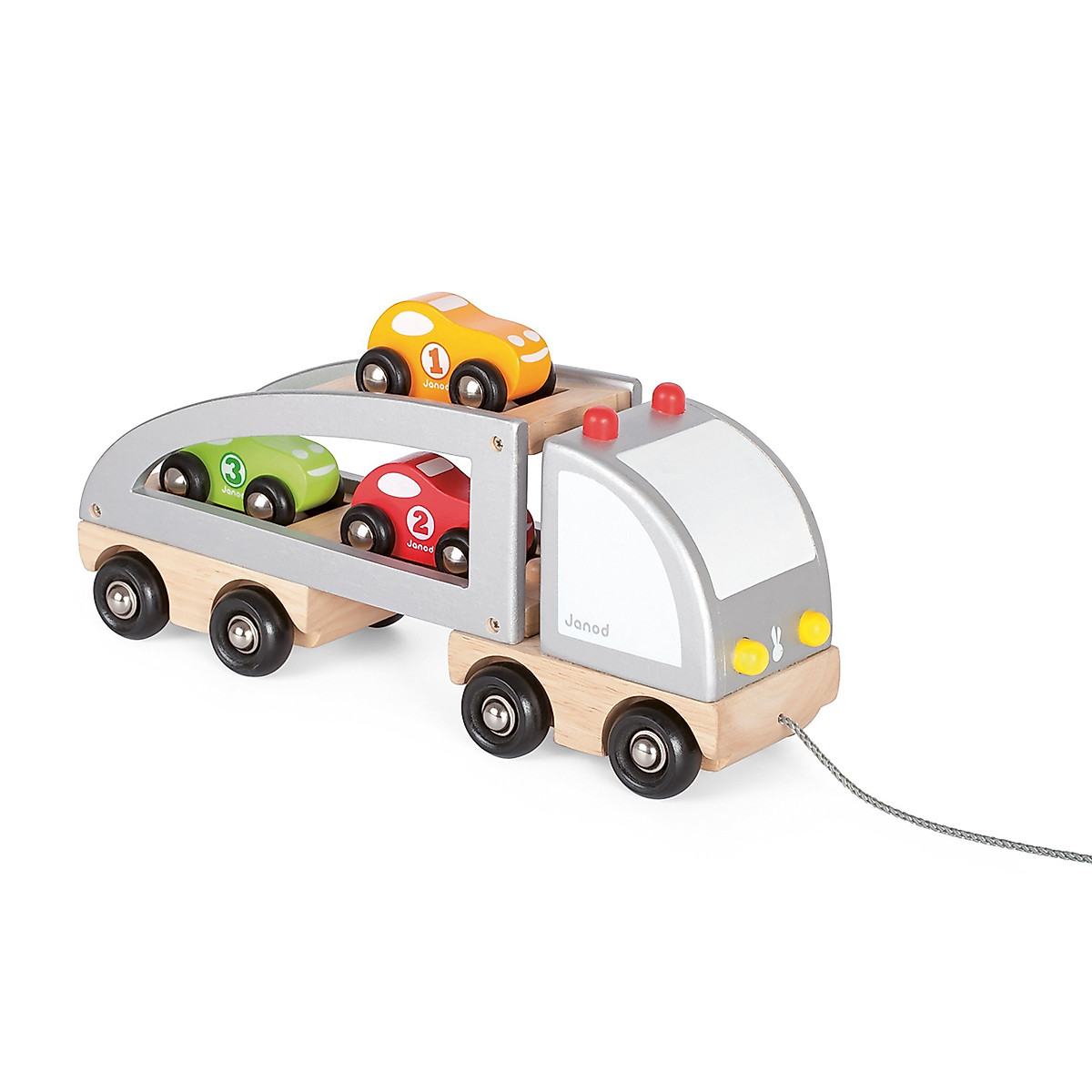 Janod Wooden Multi Car Carrier Truck Pull Toy - Ages 2+ - J05603