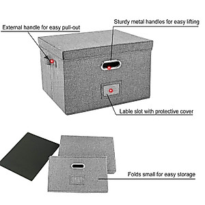 JSungo 2 Pack File Box with 10 Hanging Filing Folders, Document Organizer Storage with Lid, Collapsible Linen Hanging Filing Organization, Office Portable Storage with Handle, Grey