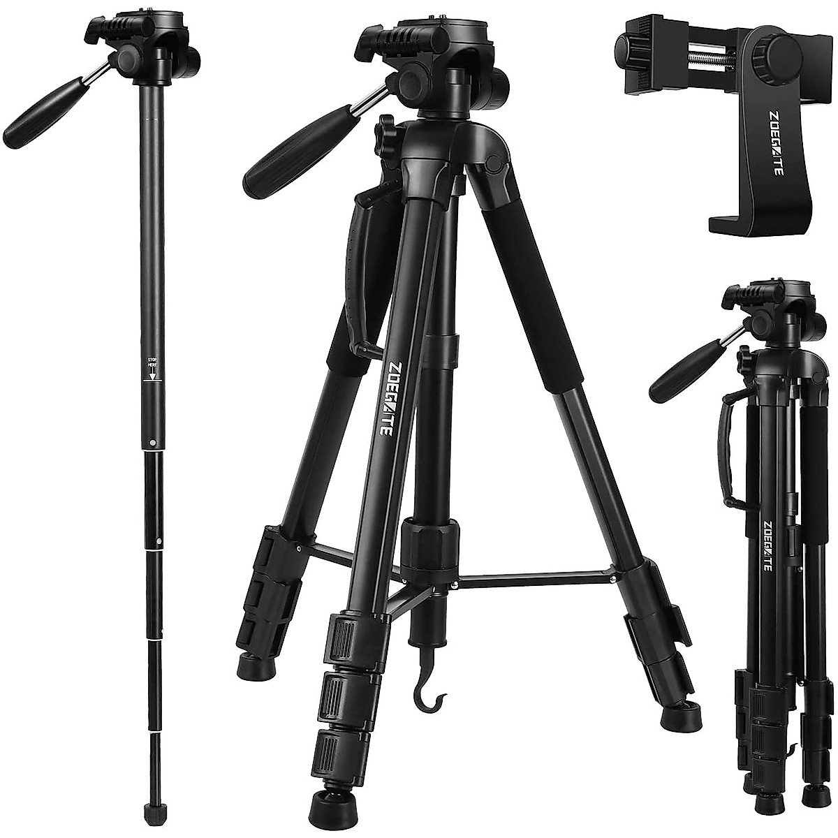Zoegate Portable Tripod 70"/177cm Travel Camera Tripod Outdoor Compact Aluminum Alloy Video Tripod Monopod with 3-Way Swivel Pan Tilt Head Cellphone Holder Smartphone Clip for Phone