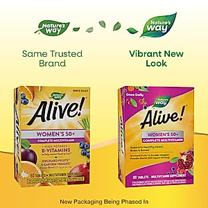 Nature's Way Alive! Women's 50+ Complete Multivitamin, Supports Healthy Heart, Brain, Bones*, B-Vitamins, Gluten-Free, 50 Tablets (Packaging May Vary)