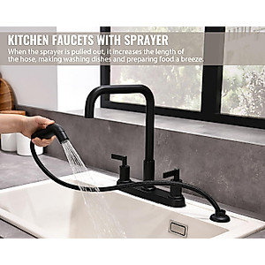 Kitchen Faucet with Sprayer, Black Kitchen Faucet, Matte Black Kitchen Sink Faucet, Stainless Steel Kitchen Sink Faucet with Side Sprayer, 3 or 4 Hole RV Utility Laundry Kitchen Faucets KMF028B