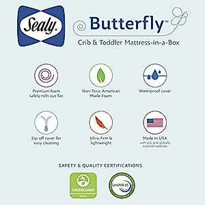 Sealy Butterfly Breathable Premium Foam Baby Crib Mattress & Toddler Bed Mattress, Washable Cover, Waterproof Crib Mattress, American Foam GREENGUARD GOLD Certified for Safety, Made in USA, 52"x28"