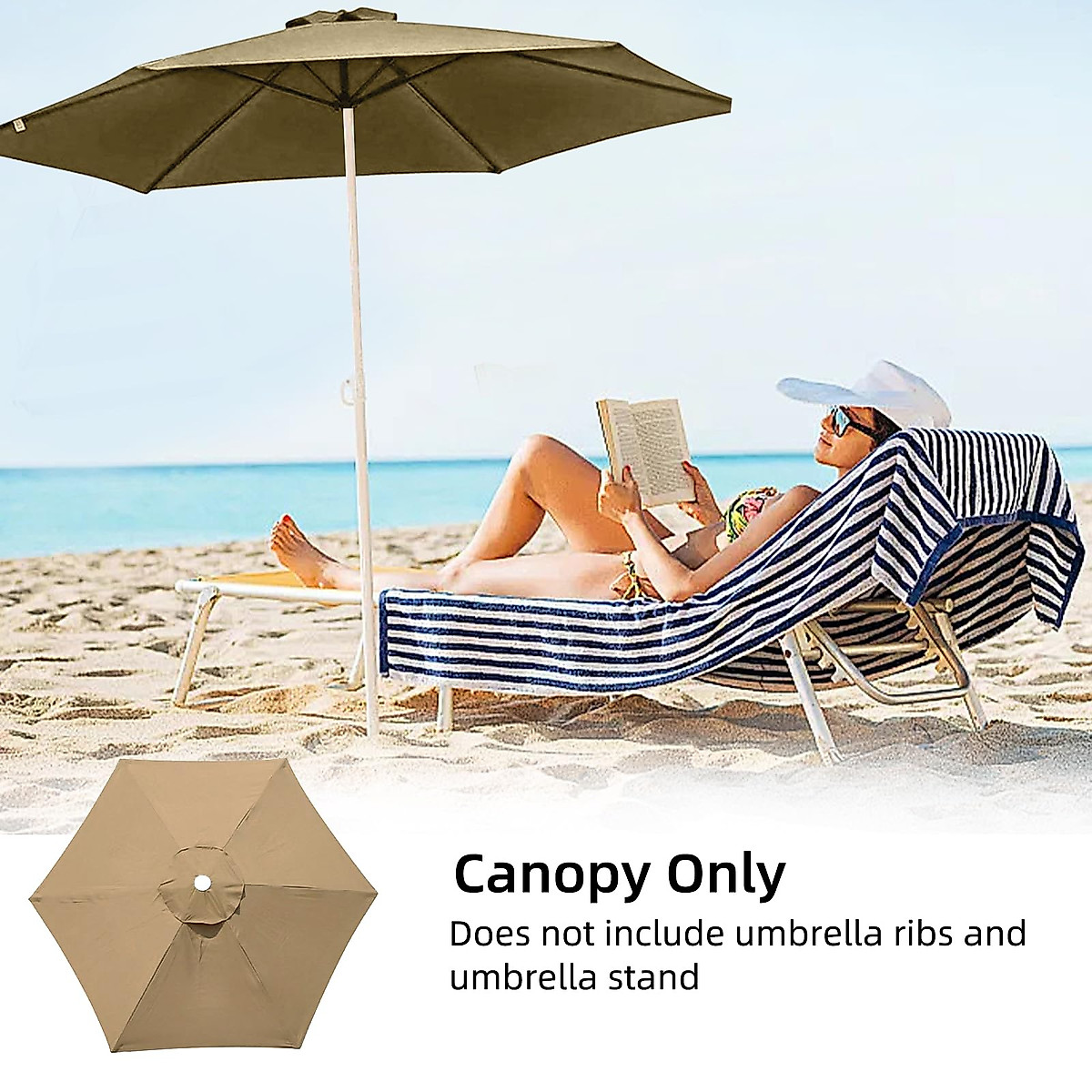 ZIAERKOR Replacement Parasol canopy for 9.8ft, Patio Parasol Replacement Canopy 9.8ft, Outdoor replacement parasol cover surface polyester UV blocking (Khaki, 6ribs)