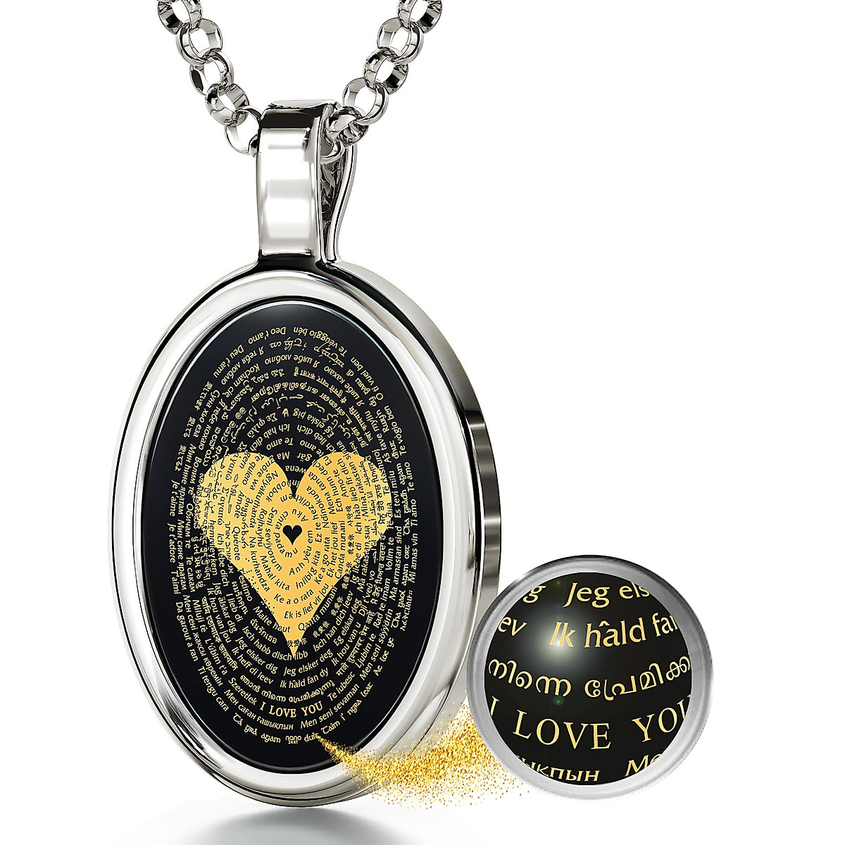NanoStyle Love Necklace I Love You Pendant inscribed in 120 languages in Pure Gold on Onyx Romantic Christmas Jewelry for Wife 925 Sterling Silver Birthday Gemstone for Women, 18" Chain