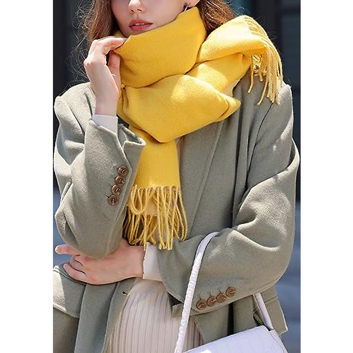 Wander Agio Womens Thick Blanket Scarf Long Shawl Large Scarves Cashmere Feel Double-side Pure Shiny Candy Color Bright Yellow 12