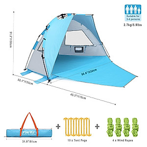 G4Free 3-4 Person Beach Tent Pop Up Shade, Lightweight UPF 50+ Beach Sun Shelter Family Size, Easy Setup and Portable Sun Shade Canopy Cabana(Bright Silver)