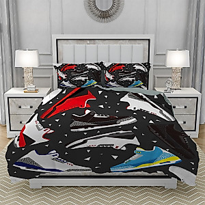 Basketball Shoes Duvet Cover Set Twin Size, Cool Teens Sports Retro Sneaker Bedding Set 3 Pieces Soft Microfiber Quilt Cover for Kids Boys Teens Room Decor, Comforter Cover with 2 Pillowcase