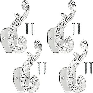 Neighbours Lane Cast Iron Hooks for Hanging Coats - Vintage Wall Hooks for Hanging Towels, Robes, Hats, Bags & More - Medium-Sized Decorative Wall Hook in Antique White Finish Pack of 4