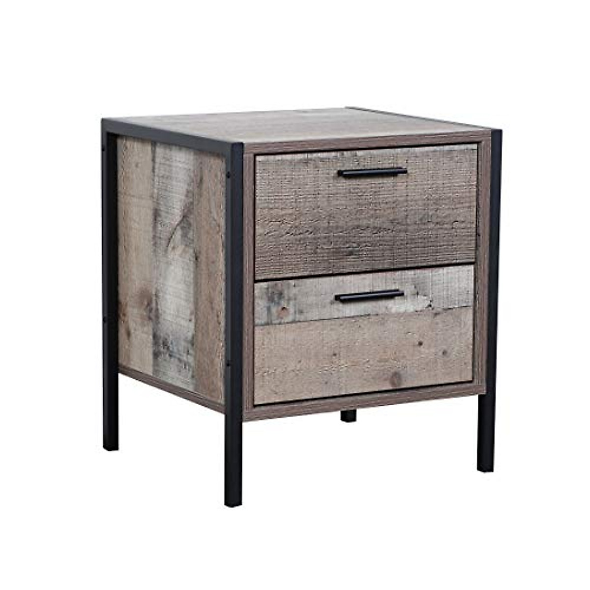 OS Home and Office Furniture Model Two Drawer Metal Frame and Legs night stand, Rustic Reclaimed Barnwood Laminate