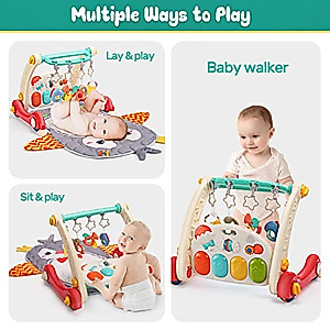 CUTE STONE Baby Gym Play Mat & Baby Learning Walker, Baby Activity Mat with Play Piano, Musical Activity Center with Lights, Baby Push Walkers & Tummy Time Mat for Infant Newborn Toddlers