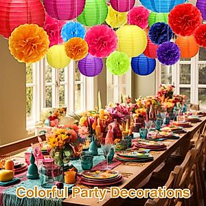 52 Pcs Rainbow Party Decorations 24 Rainbow Tissue Paper Pom Poms 28 Hanging Paper Lanterns Flowers Lanterns for Christmas Wedding Baby Shower Rainbow Birthday Decorations